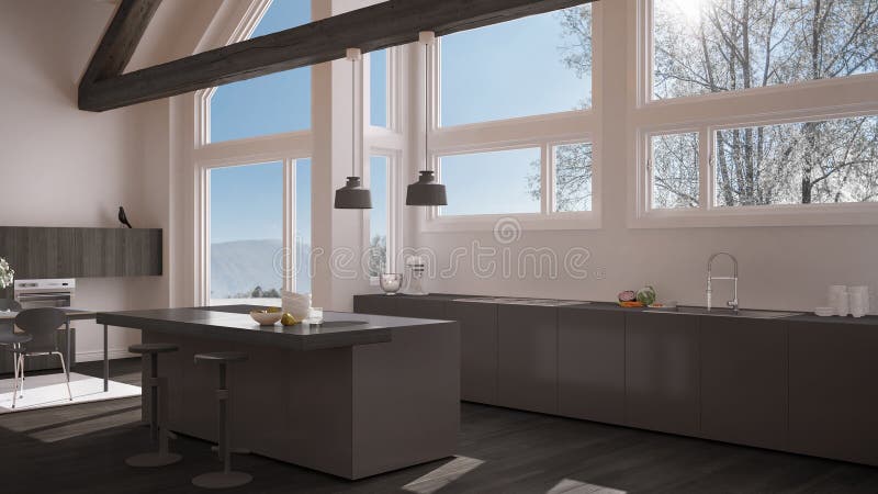 Modern Kitchen in Classic Villa, Loft, Big Panoramic Windows on Stock ...
