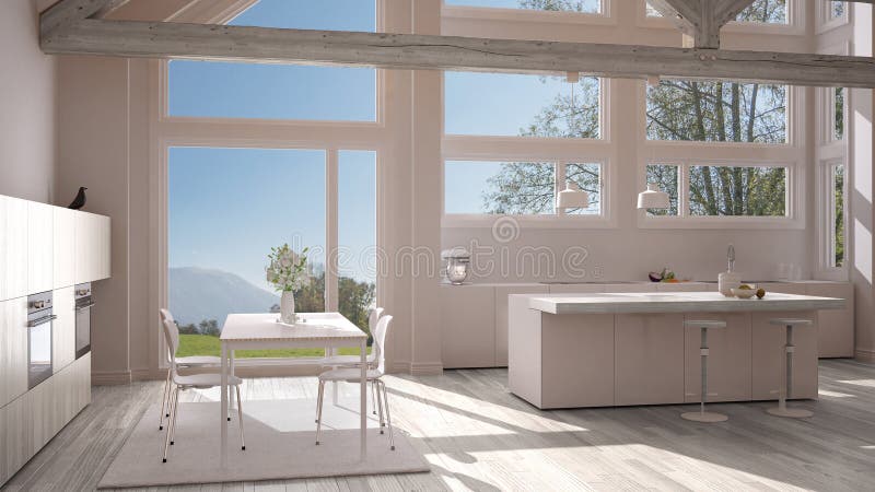 Modern Kitchen in Classic Villa, Loft, Big Panoramic Windows on Stock ...