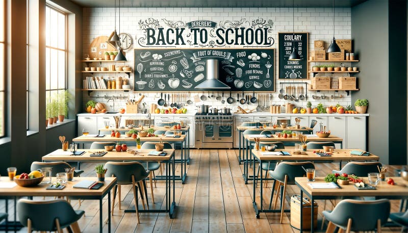 Modern Kitchen Classroom with Back To School Banner with Fresh Produce ...