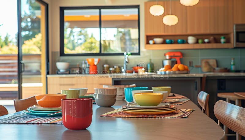 A Modern Kitchen with a Clean Table and Colorful Ceramics Generated ...