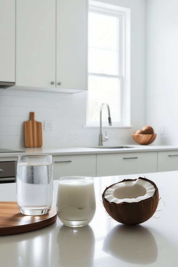 Modern Kitchen with Coconut Shell, Milk Carton, and Glass of Water ...