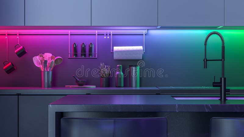 Modern Kitchen with Colored Led Lights. 3D Render Stock Illustration ...