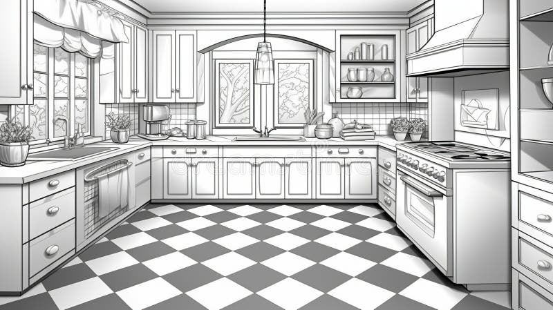 Interior Kitchen Coloring Stock Illustrations – 250 Interior Kitchen ...