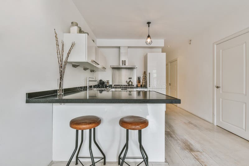 Modern Kitchen Combined with a Hallway Stock Photo - Image of ...