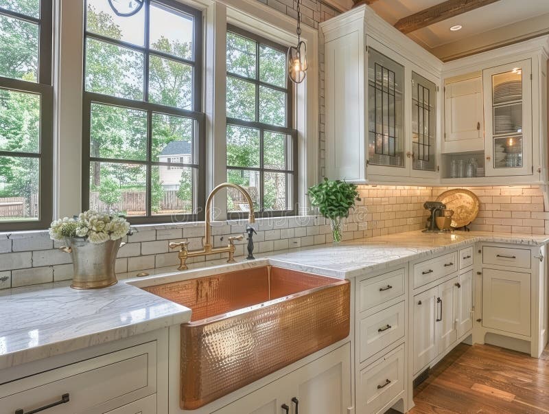 Modern Kitchen with Copper Sink and Classic Details Stock Illustration ...