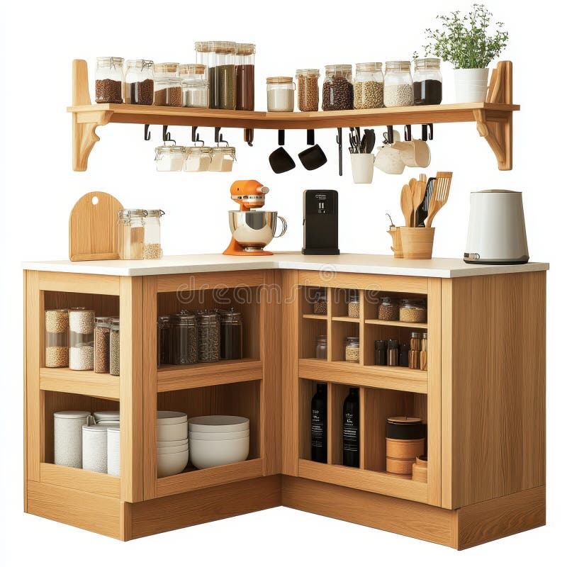 A Modern Kitchen Corner with Organized Shelves and Various Containers ...