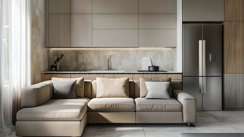 A Modern Kitchen with a Couch and Refrigerator Stock Image - Image of ...