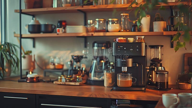 A Modern Kitchen Counter with a Coffee Maker, Blender, and Other ...