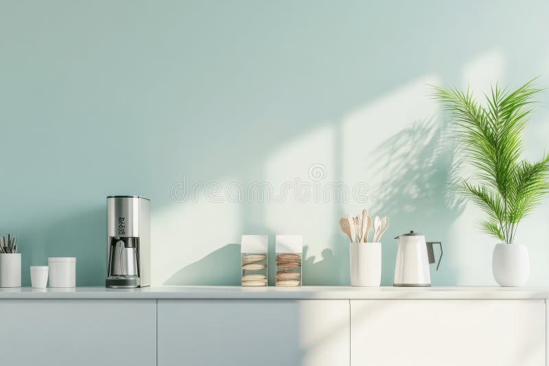 A Modern Kitchen Counter with a Coffee Maker, Utensils, and Decorative ...