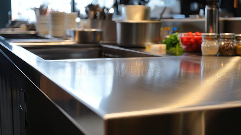 The Modern Kitchen Counter Features a Polished Surface Reflecting Stock ...