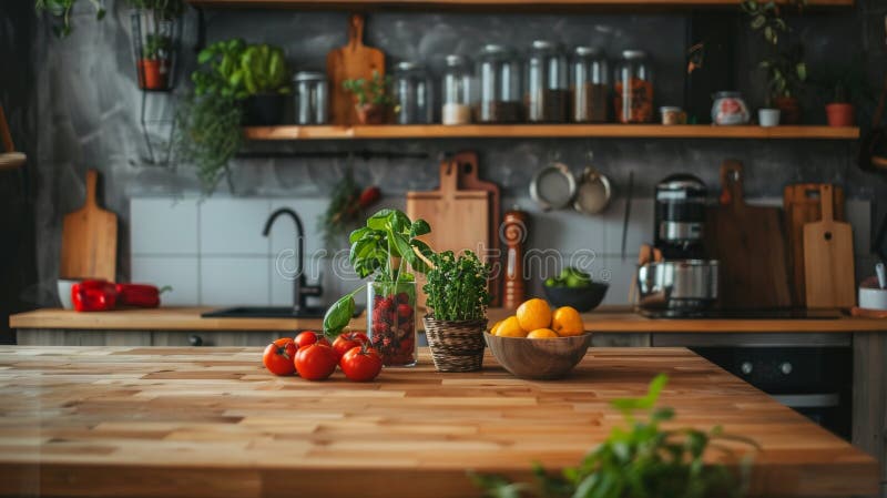 Modern Kitchen with Fresh Ingredients Stock Image - Image of cozy ...