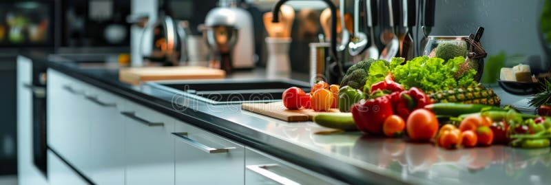 Modern Kitchen Counter with Fresh Vegetables. High-tech Kitchen Setup ...