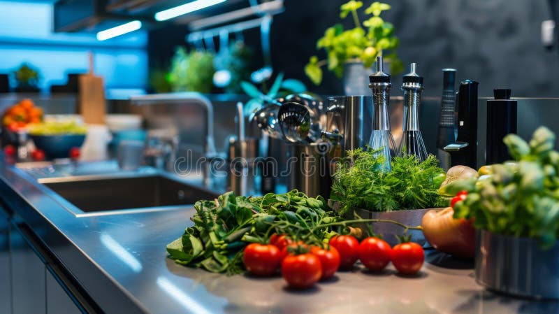 Modern Kitchen Counter with High-tech Tools and Fresh Ingredients for a ...
