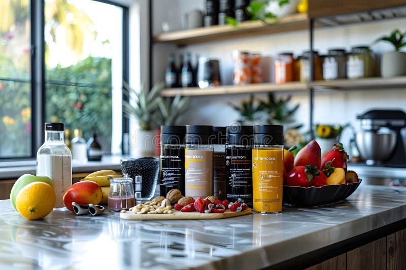 Modern Kitchen Counter with Refreshing Drinks and Fruits Stock ...