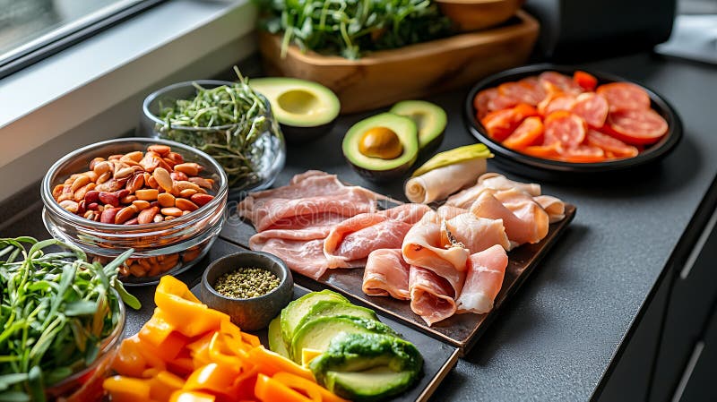 A Modern Kitchen Counter with a Selection of Fresh Low-carb Snacks ...