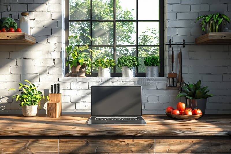 Modern Kitchen Countertop with Laptop and Sunbeams Stock Photo - Image ...