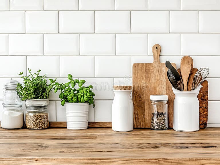 A Modern Kitchen Countertop Features an Arrangement of Fresh Herbs and ...