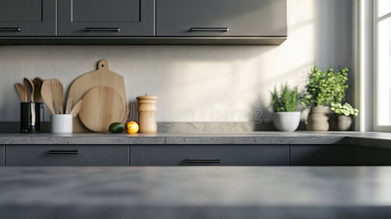 Modern Gray Kitchen Island with Granite Countertop Stock Photo - Image ...