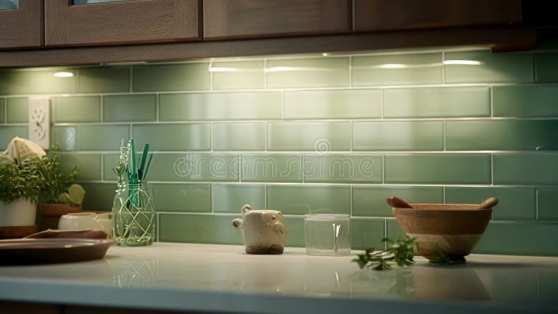 Modern Kitchen Countertop Illuminated by Under Cabinet Lighting Stock ...