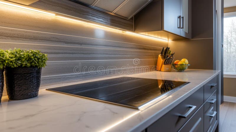 Modern Kitchen Countertop with Induction Cooktop and Under Cabinet ...