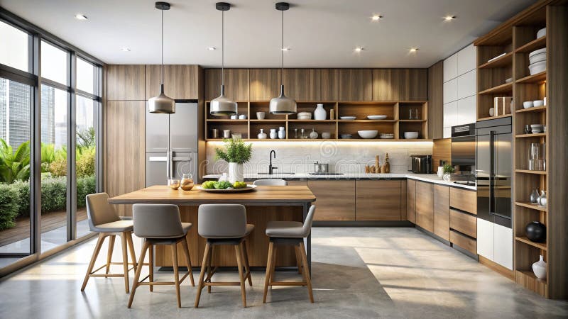 A Modern Kitchen with Countertop Pantry and Dining Area Advertising ...