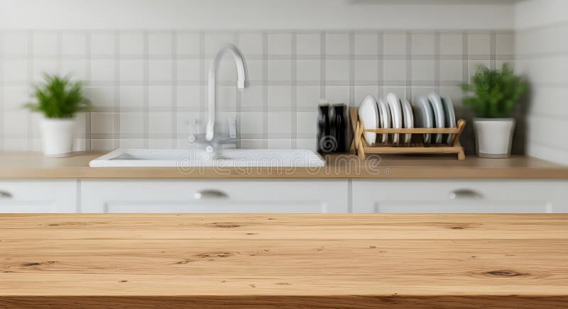 Modern Kitchen Countertop with Sink, Plants, Dish Rack, and Plates ...