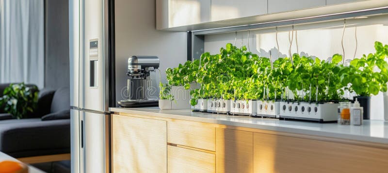 Modern Kitchen Countertop Supporting Growing Aromatic Herbs with ...