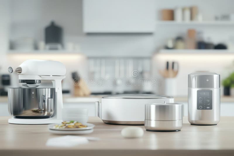 Modern Kitchen Countertop Various Cooking Appliances Tools Arranged ...