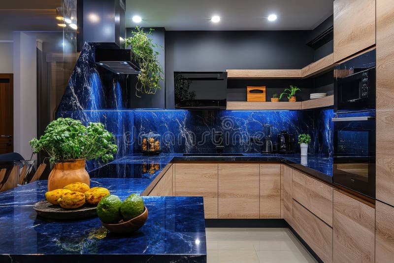 Modern Kitchen with Dark Blue Countertops and Wooden Cabinetry ...
