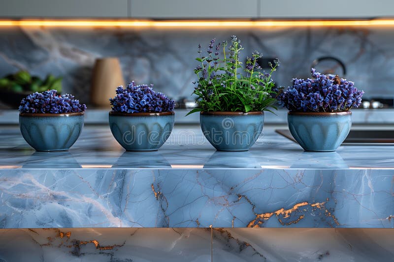 Modern Kitchen Decor with Potted Lavender on Marble Countertop ...