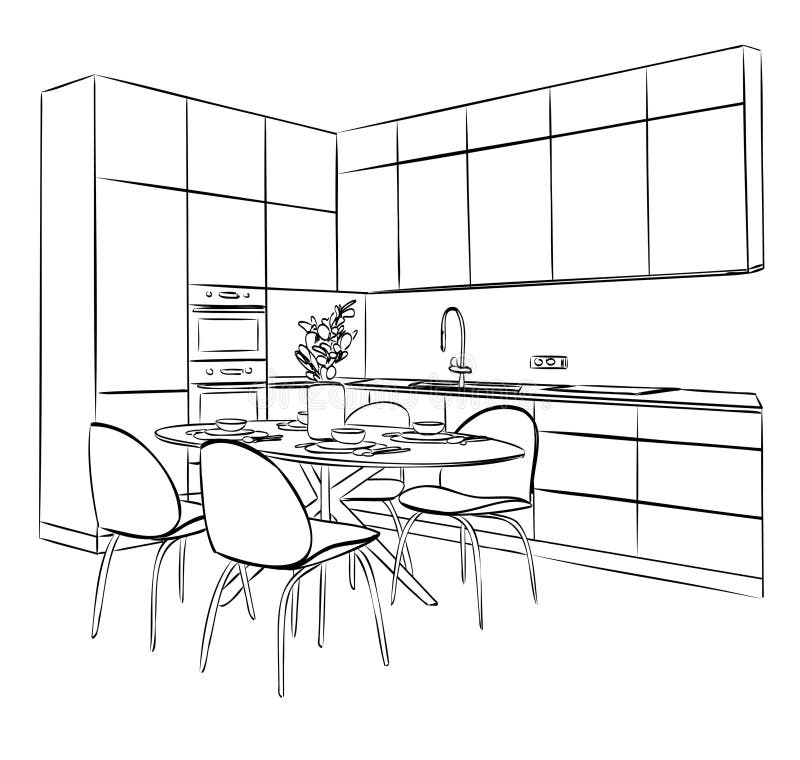 Kitchen Interior Drawing, Vector Illustration. Dinner Table Sketch ...