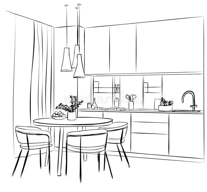 Modern Kitchen Design in Apartment Interior. Kitchen Table in the Room ...