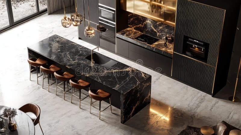 Modern Kitchen Design with Black Marble Island and Stylish Bar Stools Stock Illustration ...