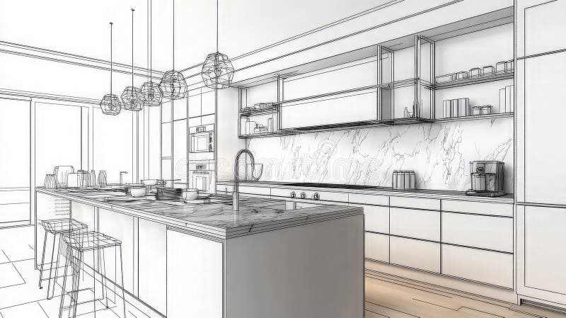 Modern Kitchen Design Blueprint, Island, Open Plan Stock Photo - Image ...