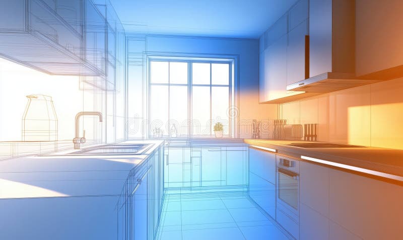 Modern Kitchen Design Blueprint Showcasing Sleek Cabinetry, Spacious ...