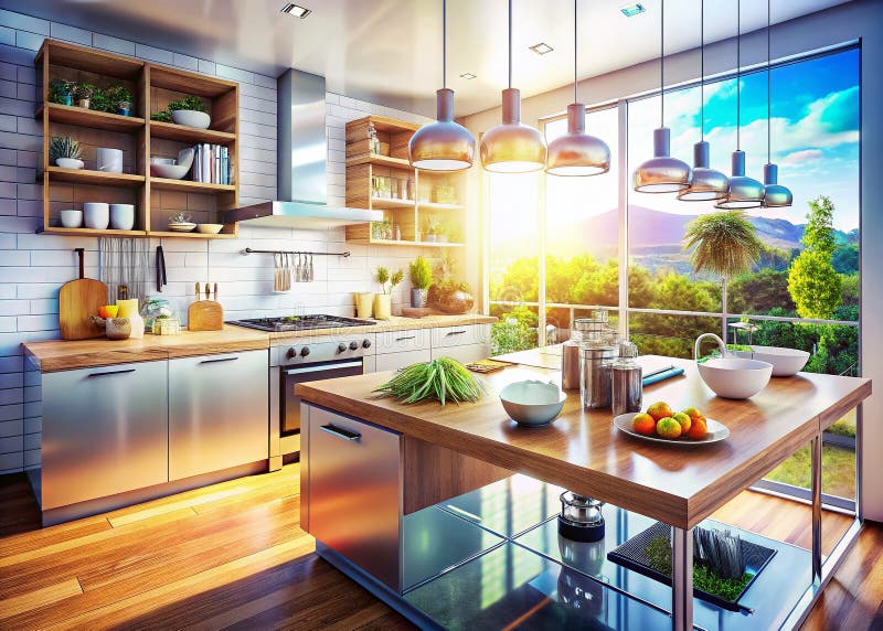 Modern Kitchen Design Double Exposure a Stunning 3D Rendering of a ...