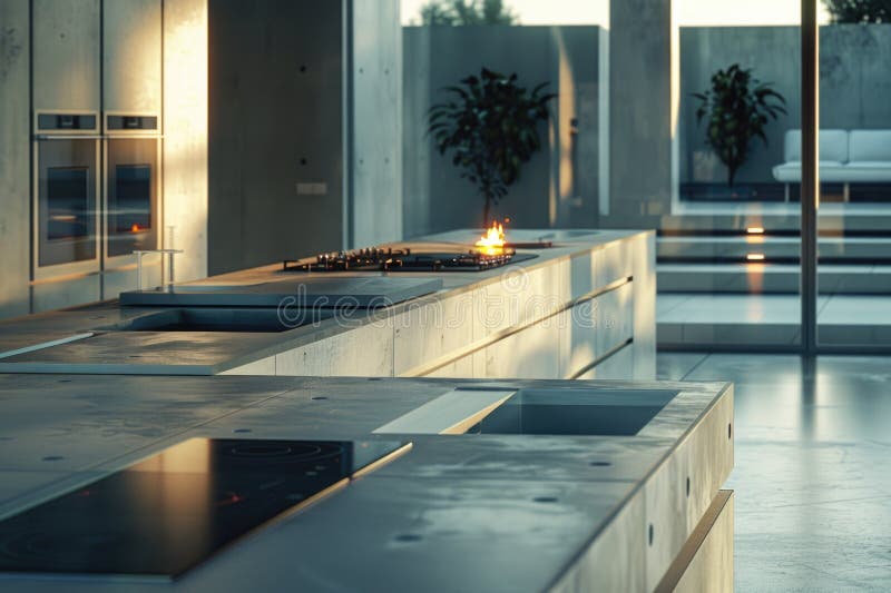 A Modern Kitchen Design Featuring a Long Countertop Stock Image - Image ...