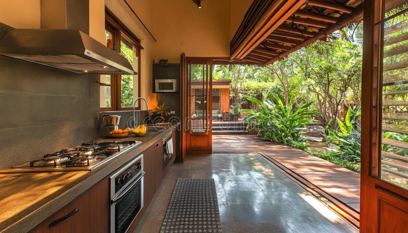 Modern Kitchen Design Featuring Natural Light within a Lush Garden ...