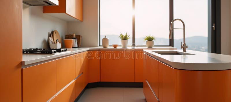 Modern Kitchen Design Featuring Orange Cabinets Curved Countertops ...