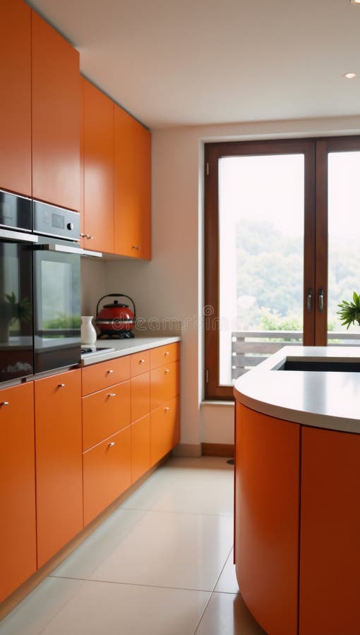 Modern Kitchen Design Featuring Orange Cabinets Curved Countertops ...