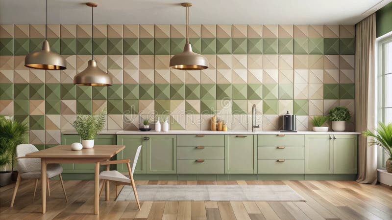 Modern Kitchen Design with Geometric Tile Backsplash and Light Wood ...
