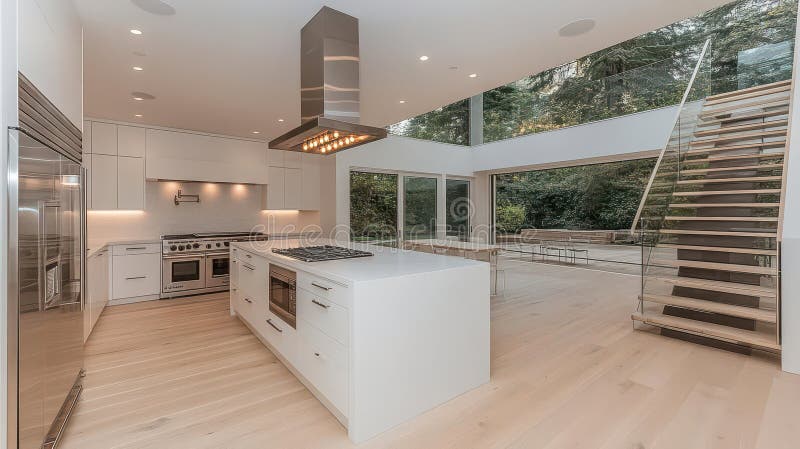 Modern Kitchen Design with Glass Wall & Floating Staircase Stock Image ...