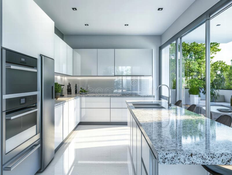 Modern Kitchen Design with Island Countertop and Balcony Access, Open ...