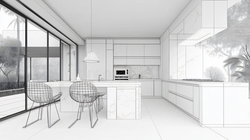 Modern Kitchen Design with Island and Garden View Showing Technical ...