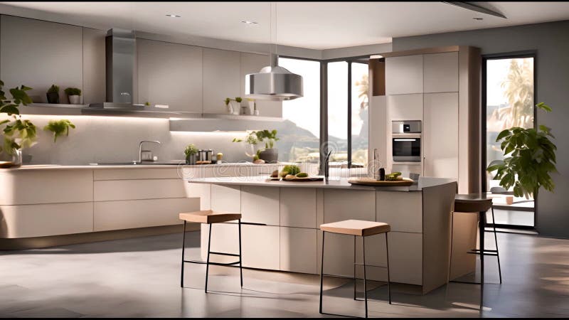 Modern Kitchen Design with Large Kitchen Counter and Dining Table ...