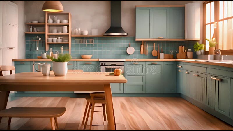 Modern Kitchen Design with Large Kitchen Counter and Dining Table ...