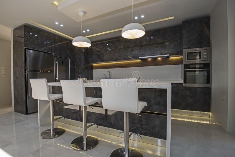 Modern Kitchen Design in a Luxury Apartment Stock Image - Image of ...