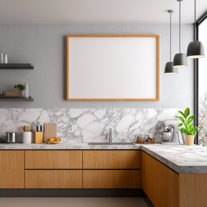 Modern Kitchen Design Marble Backsplash Wood Cabinets Stock Illustration - Illustration of ...