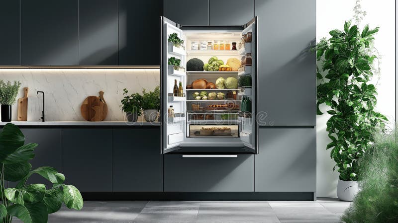 Modern Kitchen Design with Open Refrigerator Filled with Fresh ...