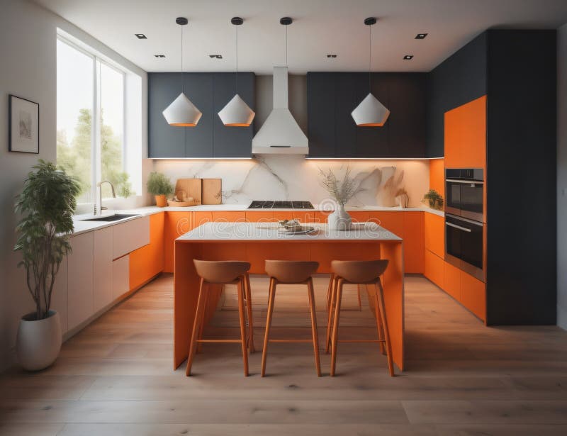Modern Kitchen Design with Orange Color and Equipped with Glass Walls ...